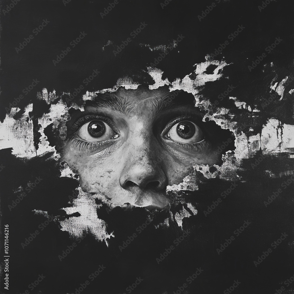 Black and white closeup art portrait of a terrified woman charcoal ...