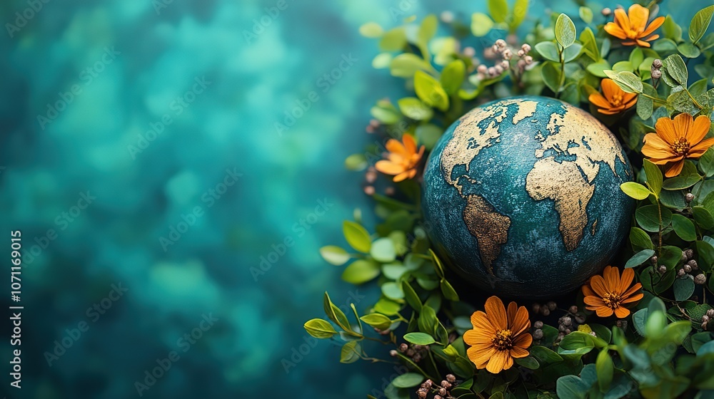 Symbolic photo of globe with elements of human activity and nature. Environment. save clean ...