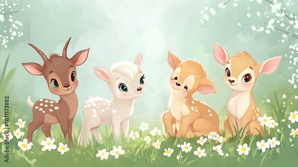 Cartoon baby animals, including a calf, fawn, and cub, all shown in ...