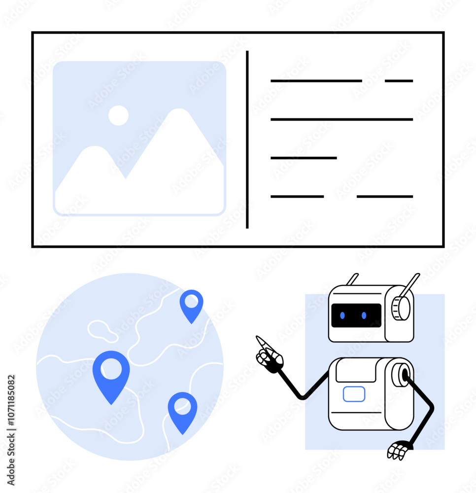 Robot points at a map with blue location markers, next to a picture and ...