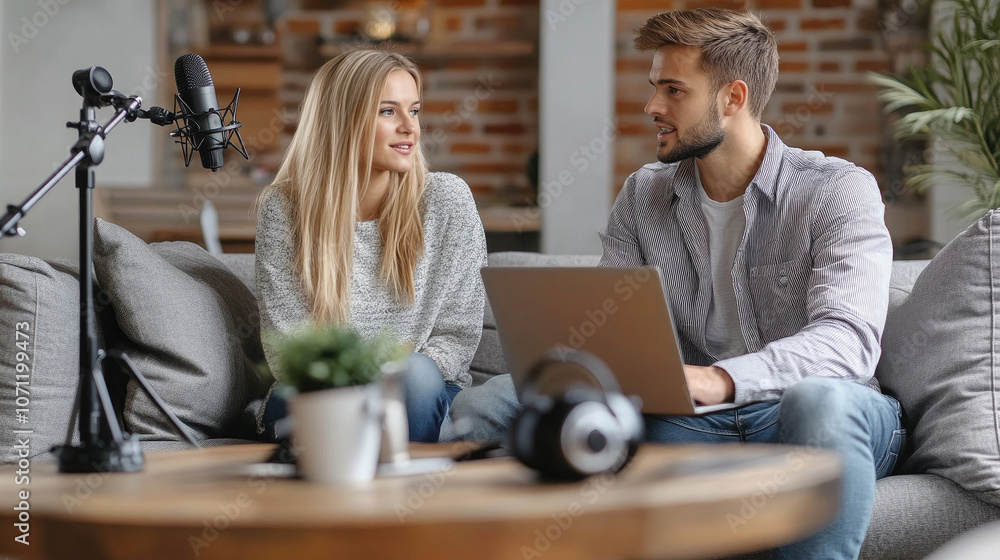 Male reporter having interview with young woman in studio Stock Photo ...