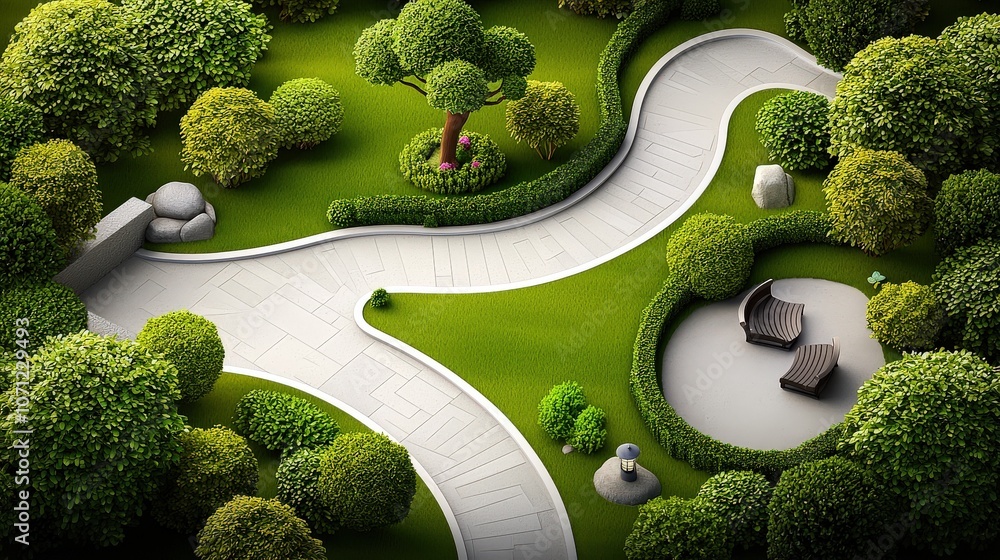 Professional landscape CAD drawing with symbols for trees, pathways ...