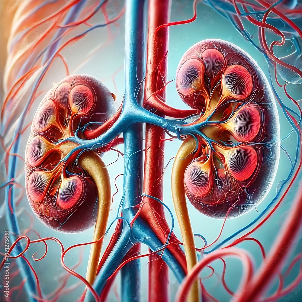 3D Illustration of Human Kidneys with Blood Vessels, Realistic 3D ...