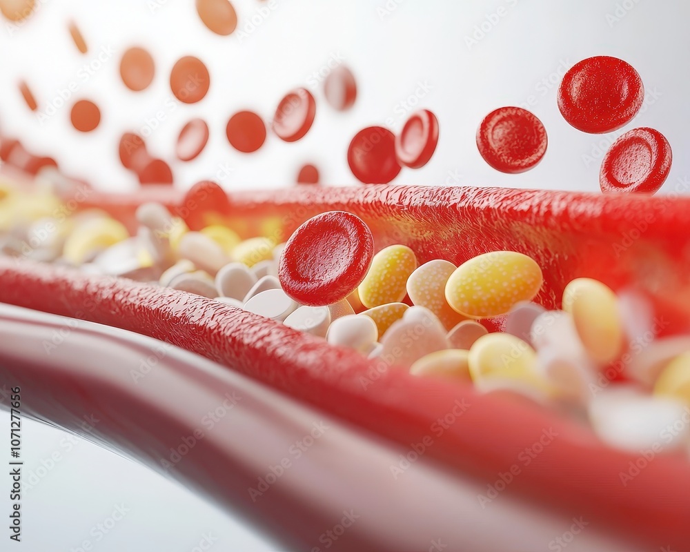 Cross-section of artery with cholesterol levels shown, HDL and LDL ...