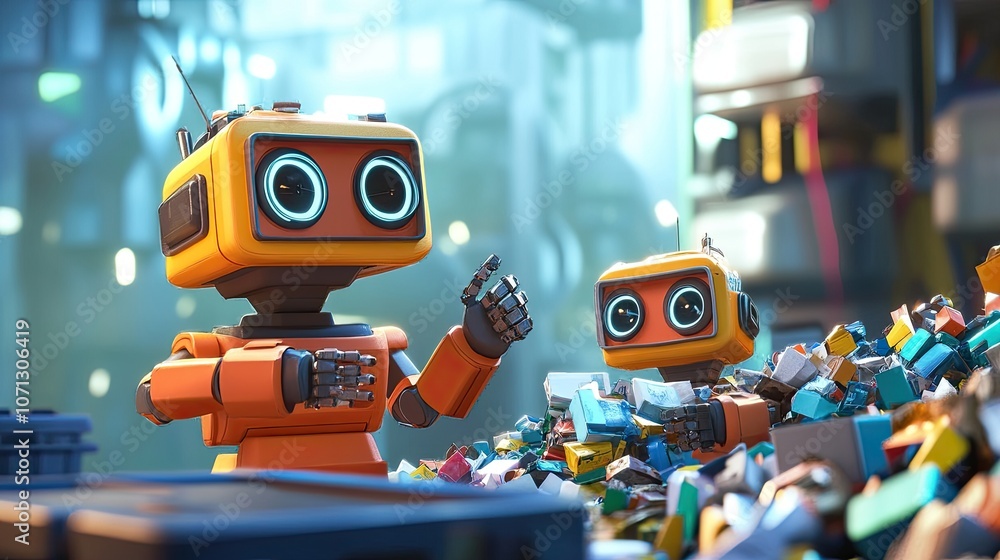 Ilustración de Stock Cute, animated smart robots sorting recyclables at ...