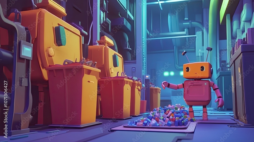 Cute, animated smart robots sorting recyclables at a futuristic ...