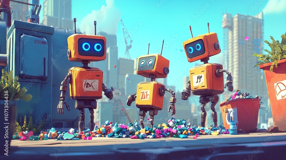 Cute, animated smart robots sorting recyclables at a futuristic ...