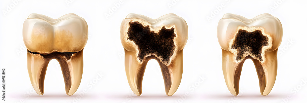 Illustration of tooth decay progression showing stages of damage, from ...
