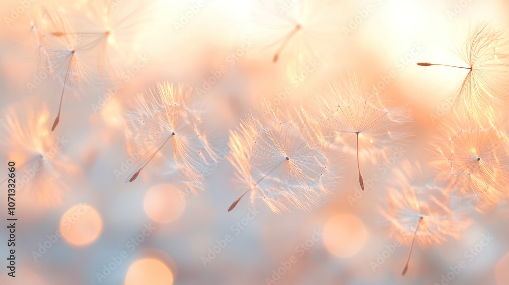 Ethereal background of blurred dandelion seeds floating in breeze ...