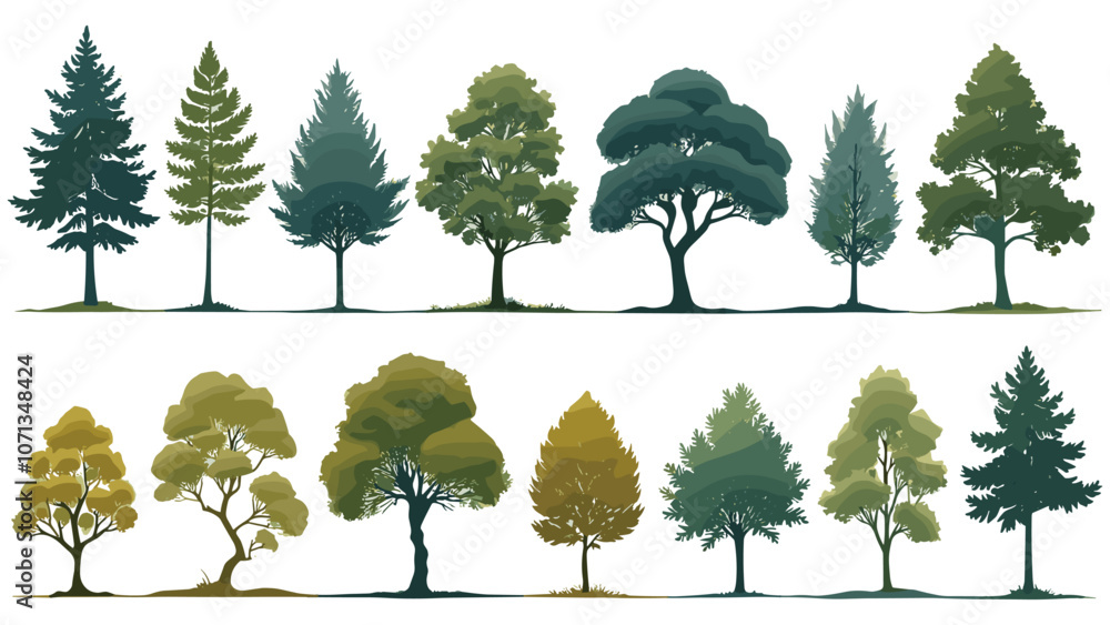 Minimal style cad tree line drawing, Side view, set of graphics trees elements outline symbol ...