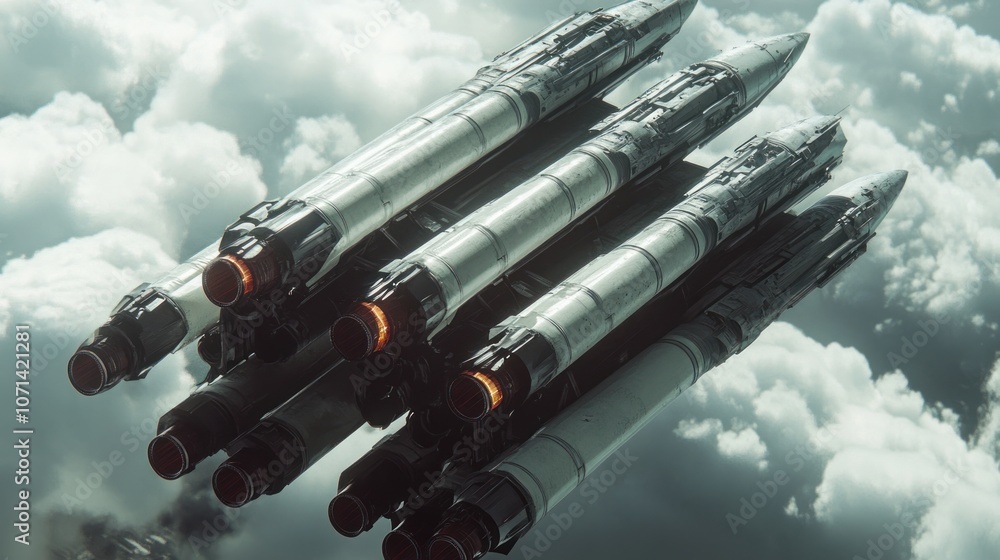 Ground missile barrage system, featuring multi-barrel launchers for ...