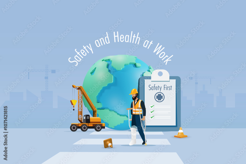 Broken leg industrial worker at safety first check list board and world ...