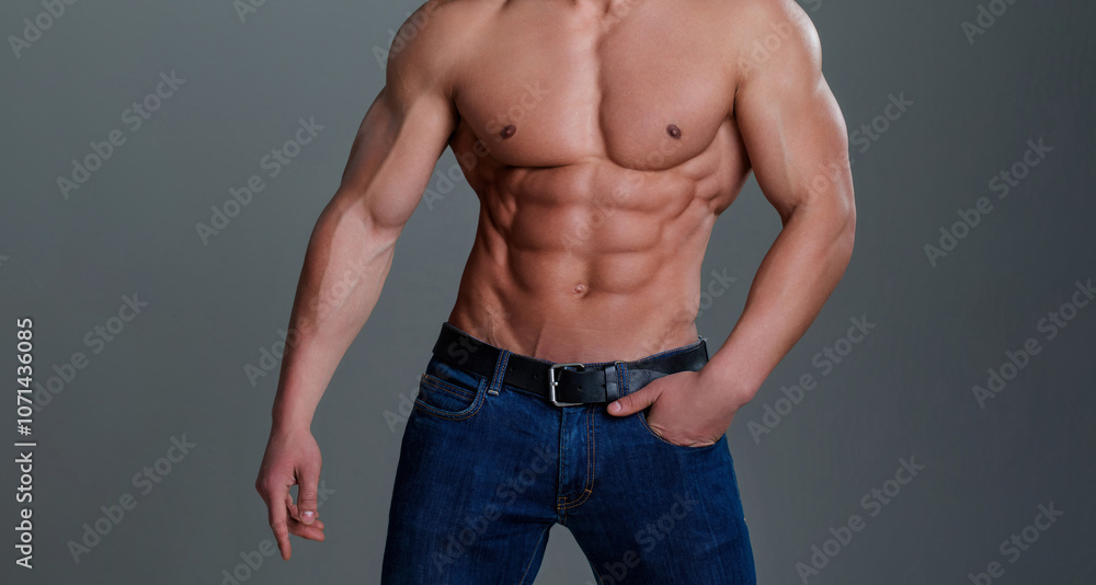 Shirtless nude man posing naked body. Six pack. Perfect abs, shoulders ...