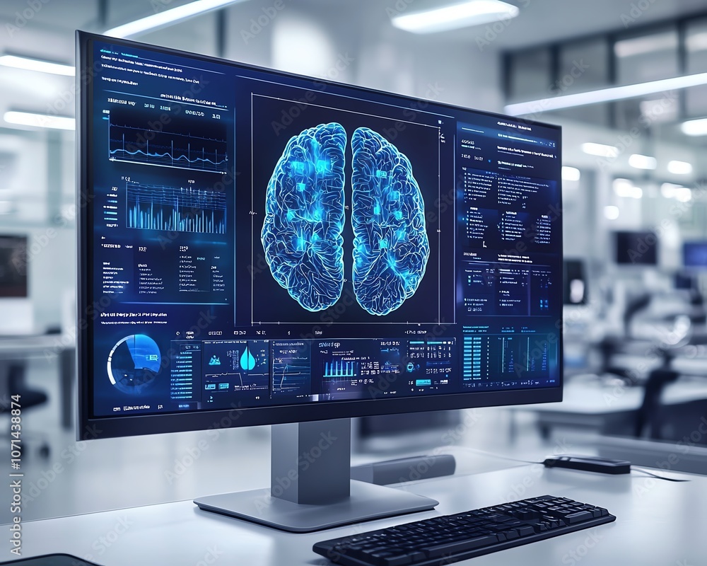 A futuristic medical display showing brain scan images with blue ...