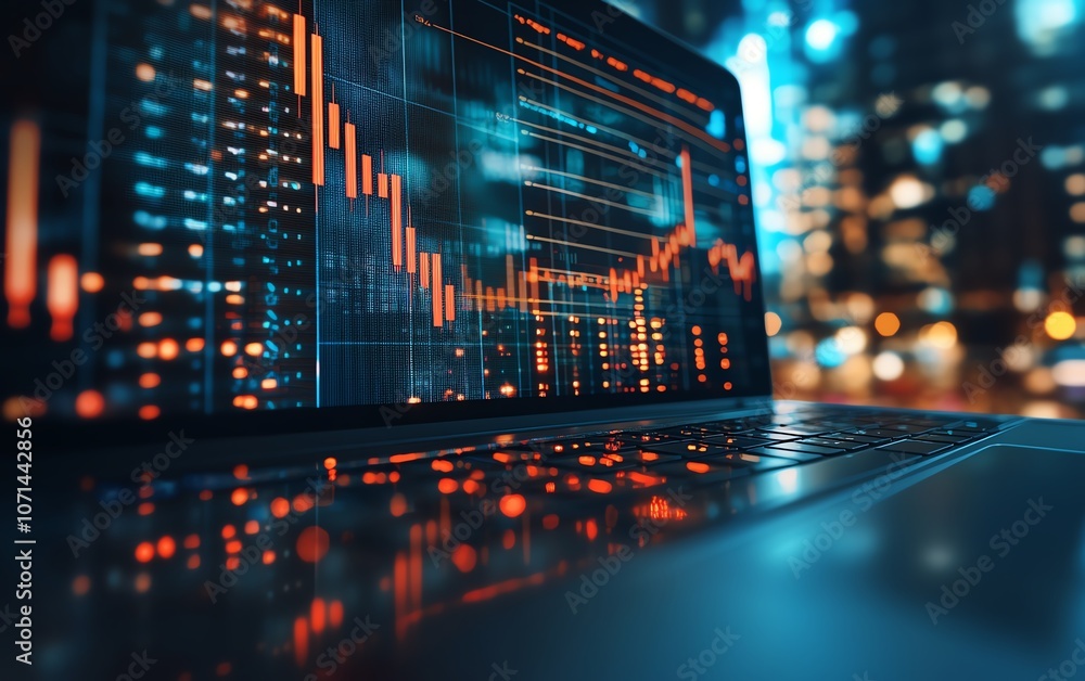 Stock market candlestick charts on a laptop screen in an office ...