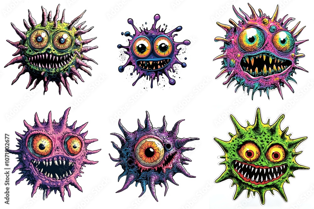 retro comic germ colorful bacteria pandemic virus biological allergy ...