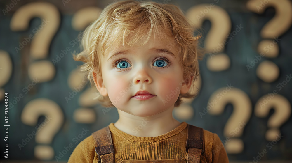 Curious Toddler with Blue Eyes in Front of Question Marks - Realistic ...