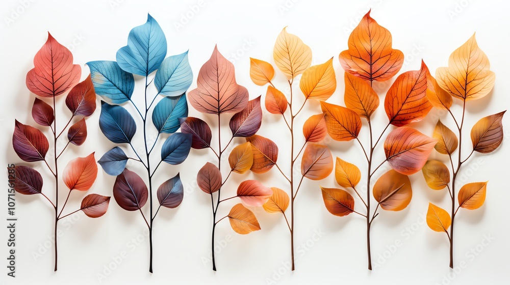 Five branches of leaves in different shades of red, orange, yellow, and ...