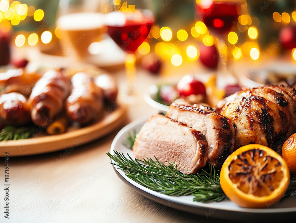 New Year s Eve family dinner with traditional dishes, focus on ...