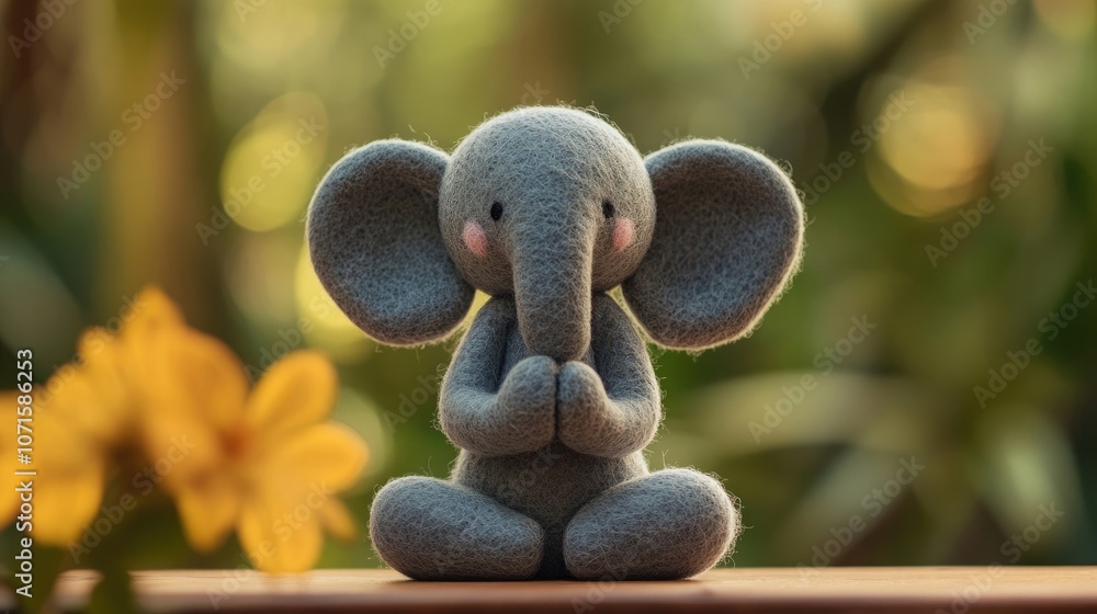 A felt elephant practicing yoga and meditation performs the sun ...