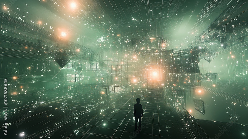 Conceptual visualization of data flow with radiant nodes and connecting ...