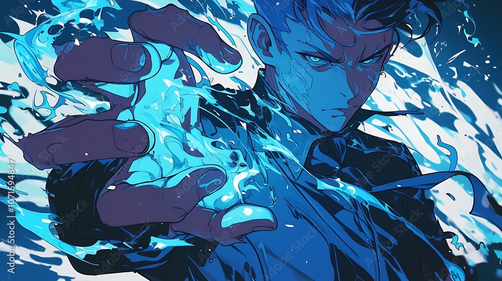 anime boy emits blue flames in his hand, colorful anime style Stock ...