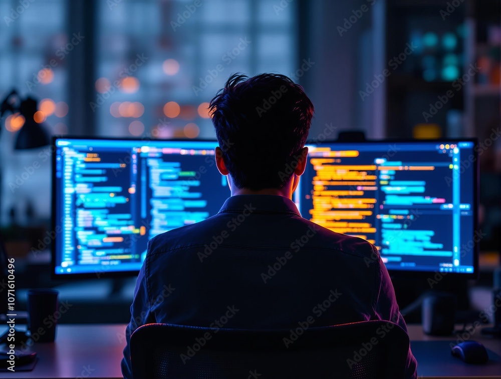 Software developer in a modern office with dual monitors and colorful code display Stock Photo ...