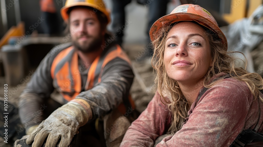 Two construction workers take a break from their laborious tasks; the ...