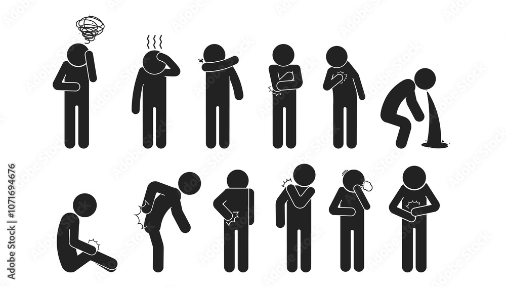 Bundle set pictogram icon health issue, headache, heart attack, stomach ...