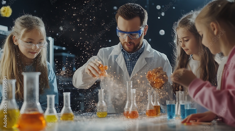 Teacher and students in a science lab, observing a chemical reaction in ...