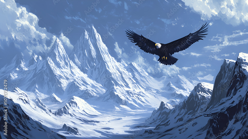 Bald Eagle in flight with snow mountain background, Majestic Eagle ...