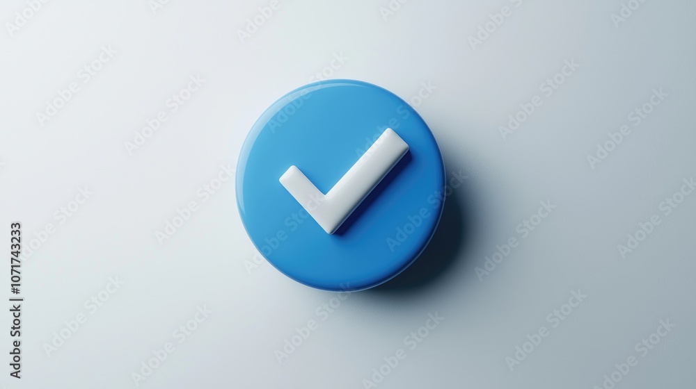 Blue circular button with a white checkmark symbol on a smooth, light ...