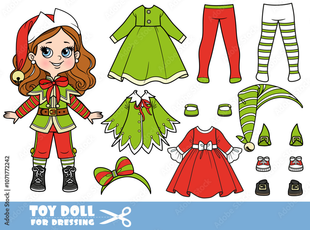 Cartoon brunette girl and clothes separately - New Year elf fancy dress ...