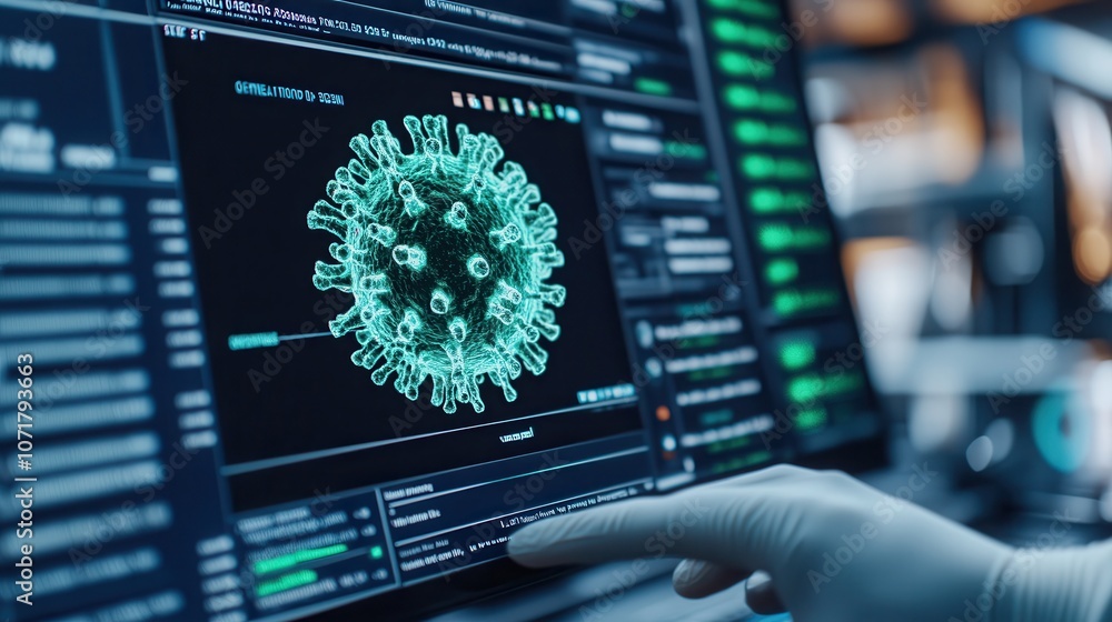 A close-up view of a computer screen displaying an active virus scan with green checkmarks ...