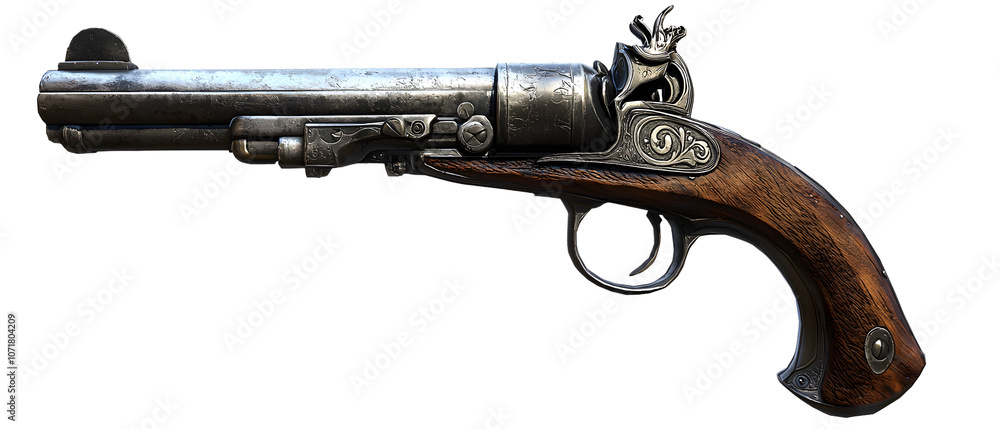 Ornate Vintage Pistol with Intricate Engraving and Rich Wooden Grip ...
