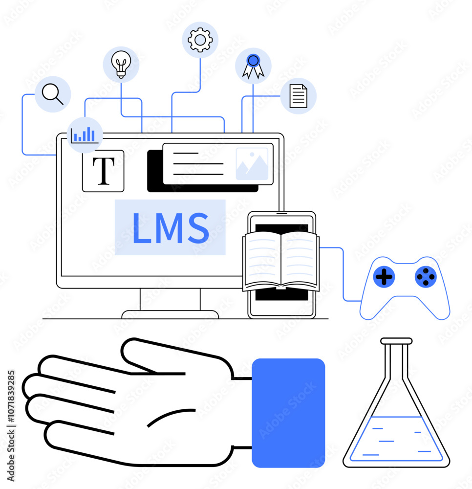 Computer with LMS interface, open book, game controller, hand, and ...