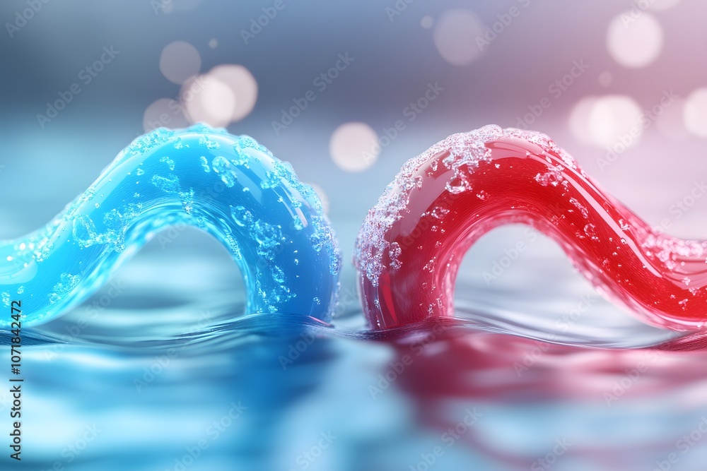 3D render of a red and blue wave symbol with a stock chart background ...