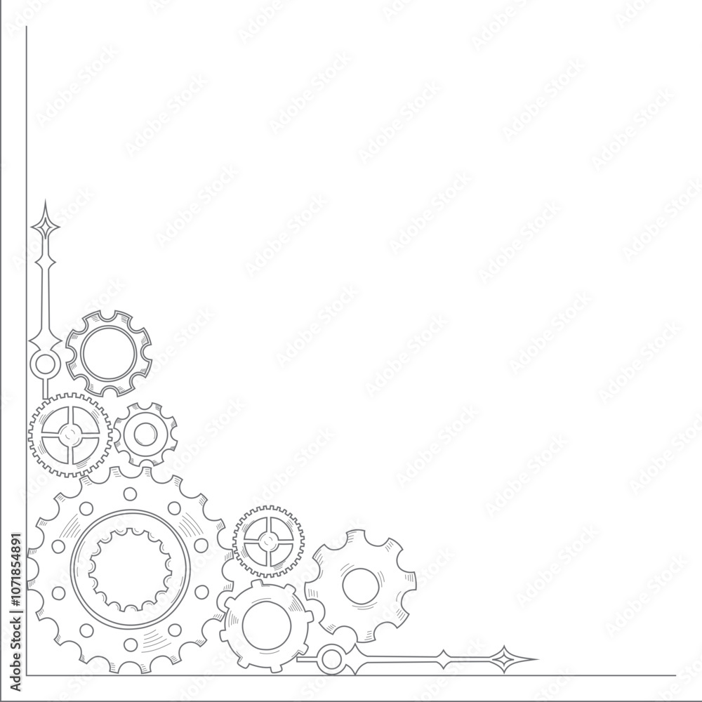 Hand drawn gear cogwheel corner, frame and border Doodle sketch style ...