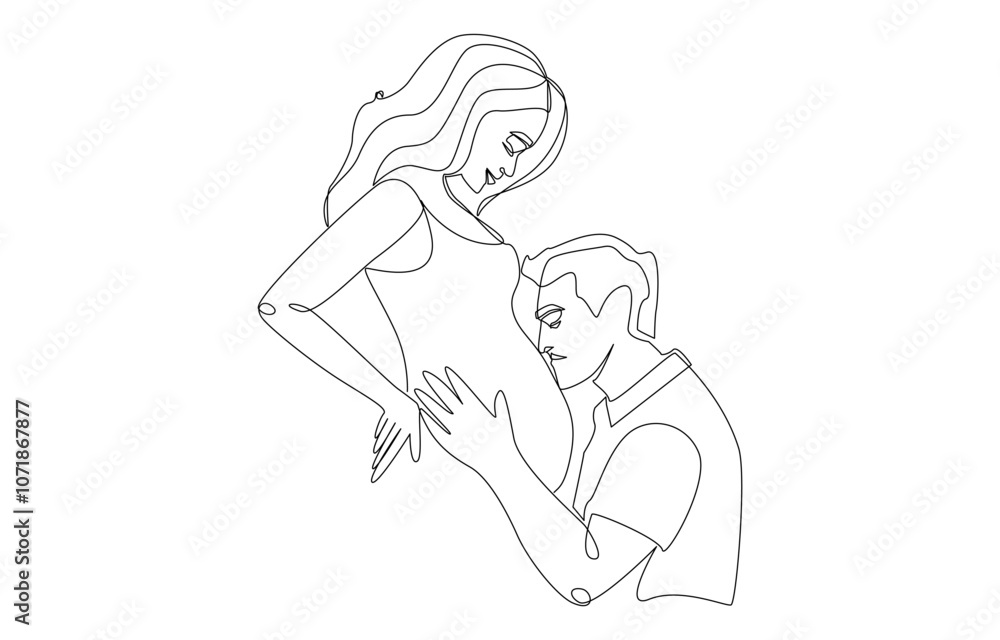 Continuous one line drawing of husband kissing belly of pregnant wife ...