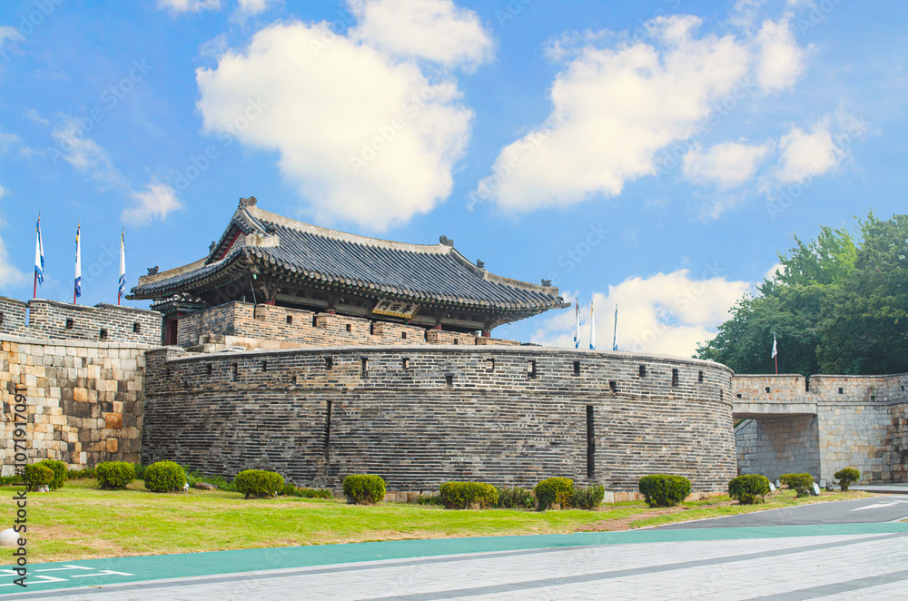 Old City Wall At Hwaseong Fortress In Summer Traditional Architecture