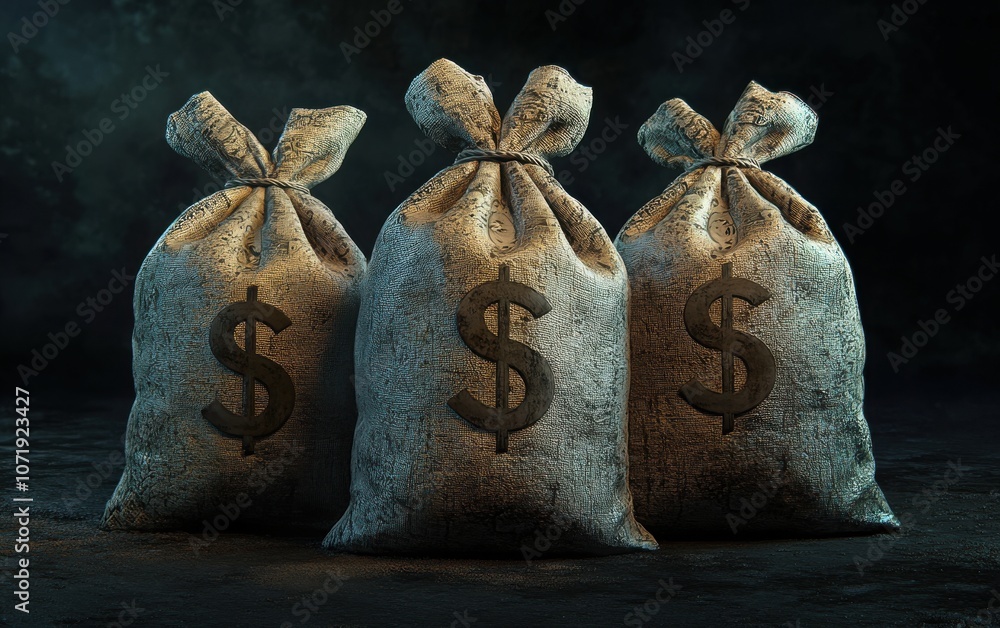Three money bags with dollar signs rendered in hyper-realistic 3D, set ...