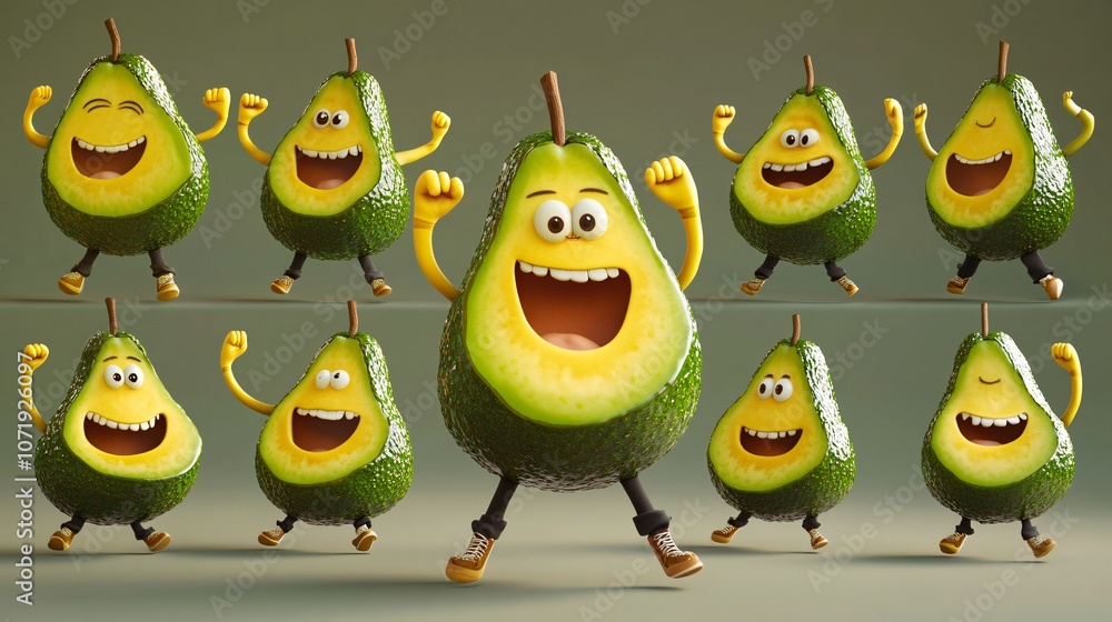 120.Cartoon avocado athlete with a happy face, depicted in multiple ...