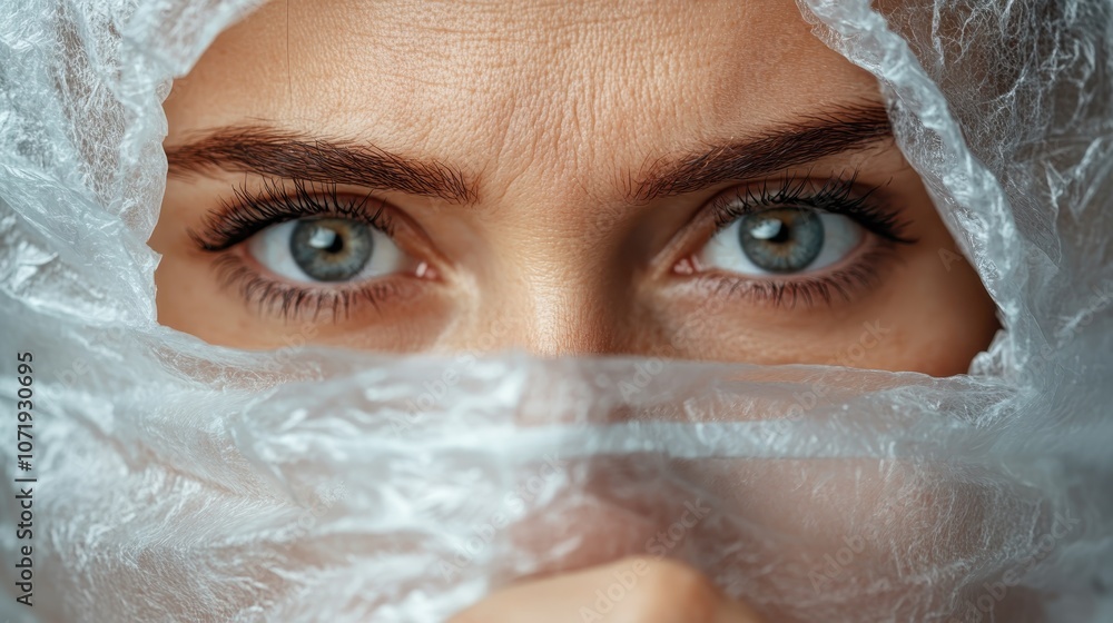 The image features a close-up of a woman's eyes peering from behind ...