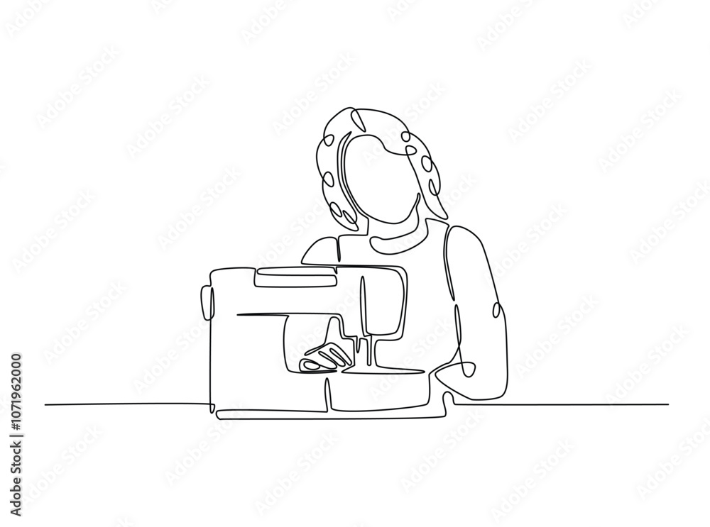 Continuous one line drawing of woman sews using sewing machine. The ...