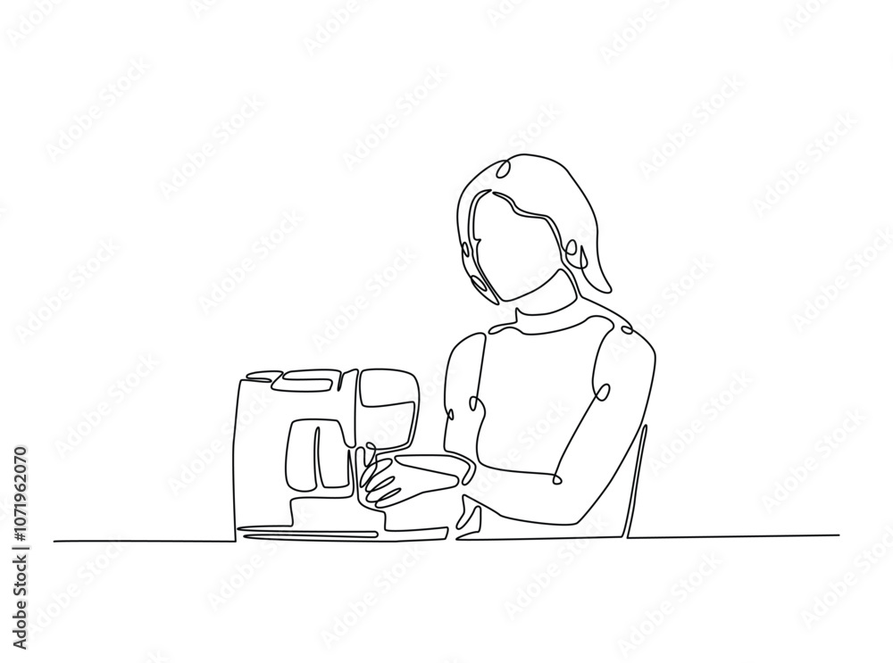 Continuous one line drawing of woman sews using sewing machine. The ...