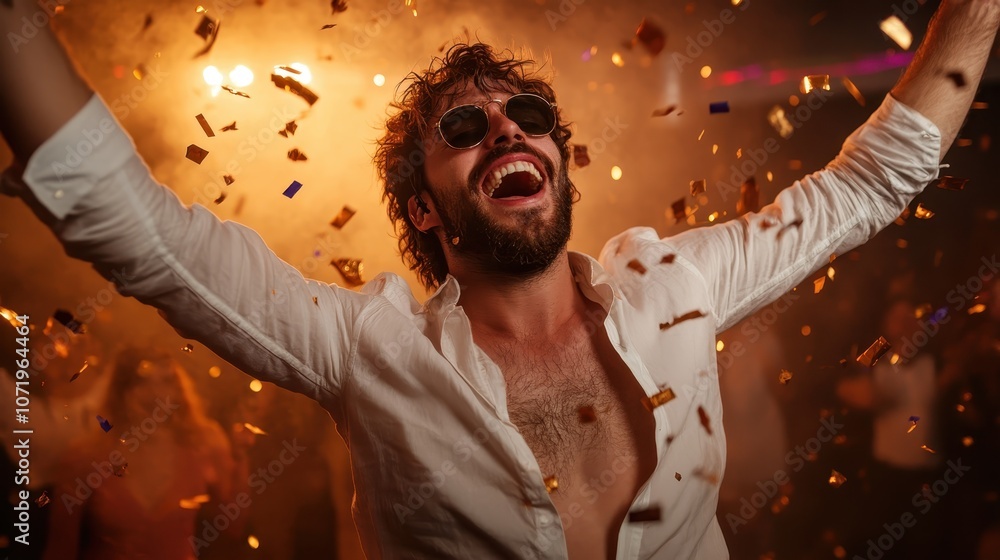 A jubilant man with sunglasses and open shirt celebrates energetically ...