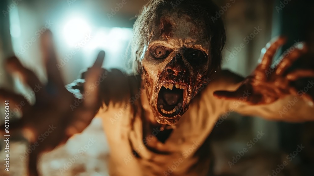 An unsettling image of a terrifying zombie reaching forward with its ...