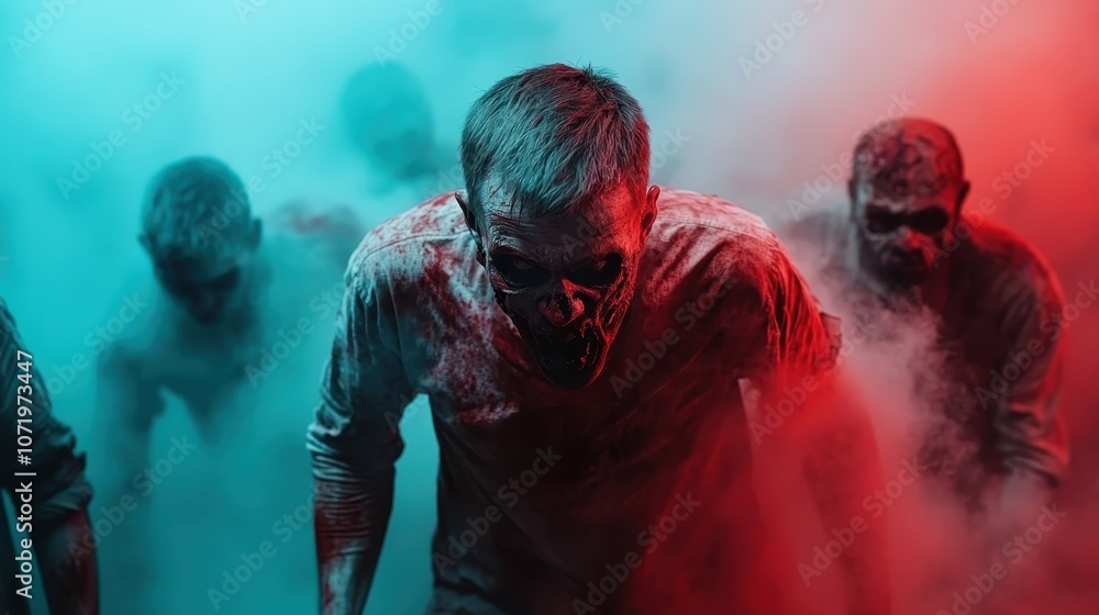 A group of zombies moves forward through thick colored mist, creating ...