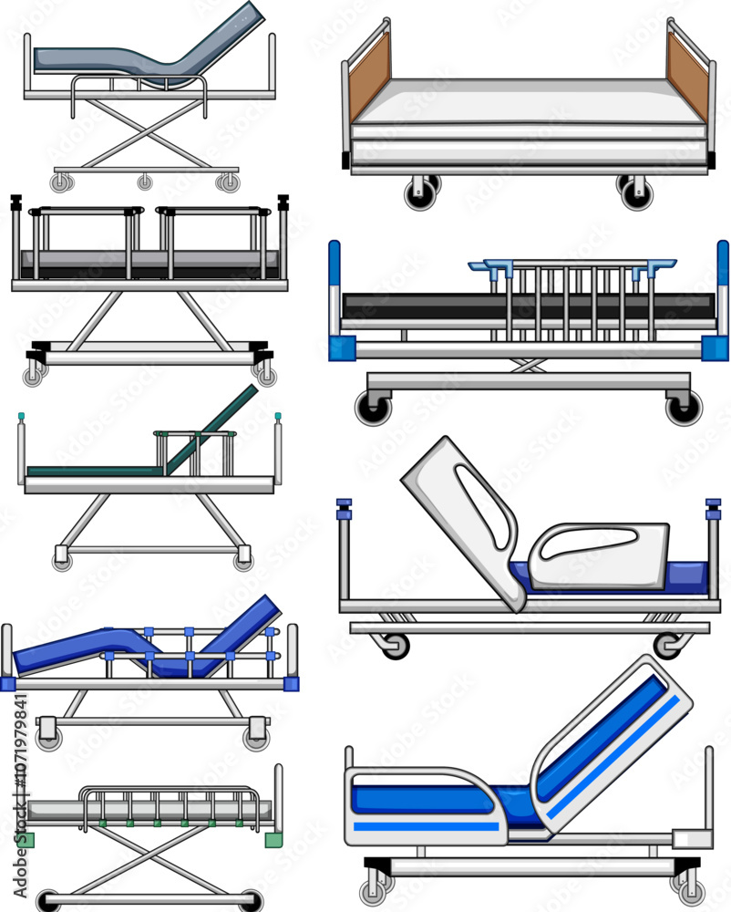 hospital bed set cartoon. manual bariatric, pediatric icu, mattress ...