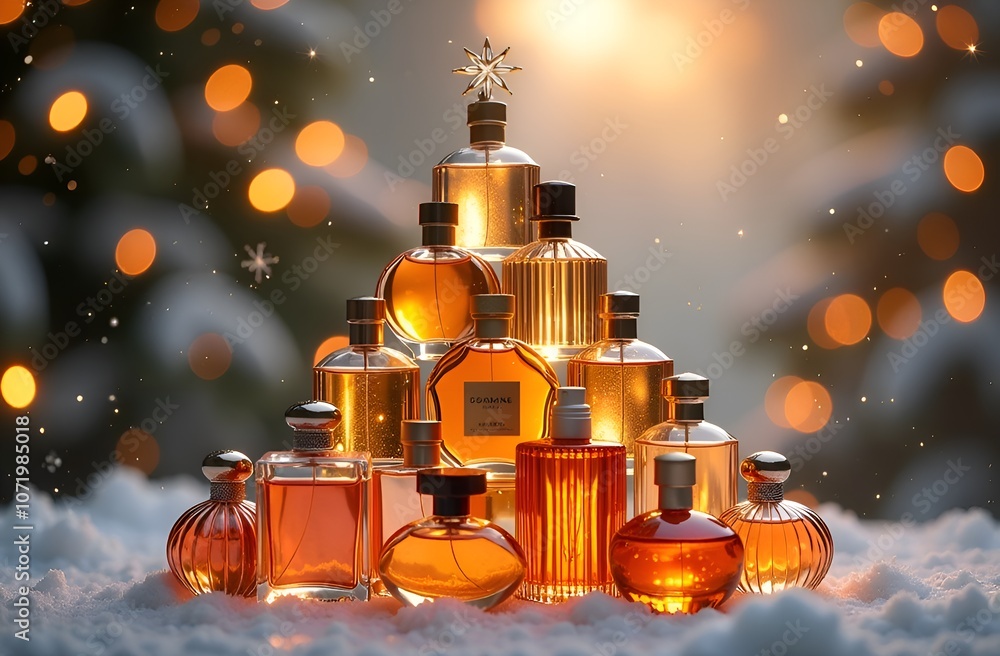 Pyramid of perfume bottles. A Christmas tree made from cologne bottles ...